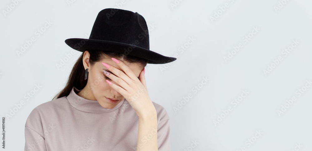 Facepalm embarrassment and shame emotion. ashamed smiling girl covering ...