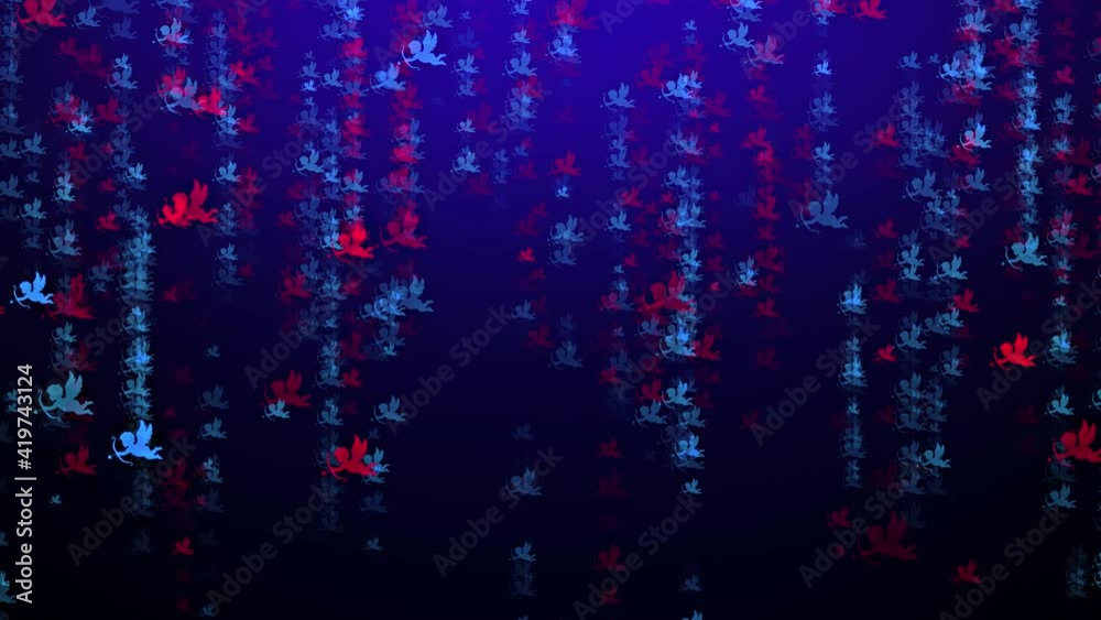 Seamless Loop Artistic Red And Blue Abstract Shiny Glitter Cupids Shape Confetti Falling Rain ...