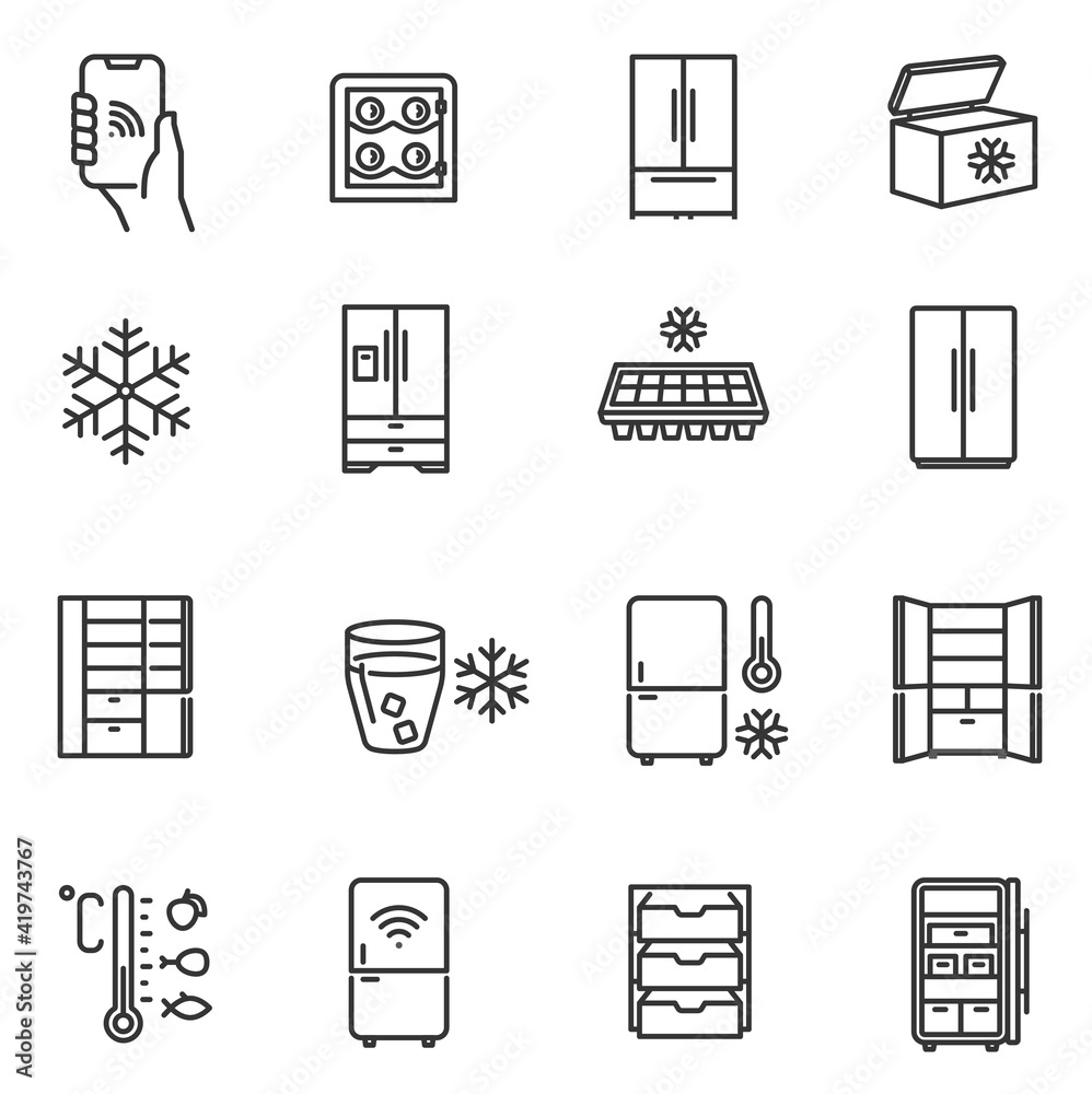 Freezer, cooler, fridge thin line icons set isolated on white. Icebox ...