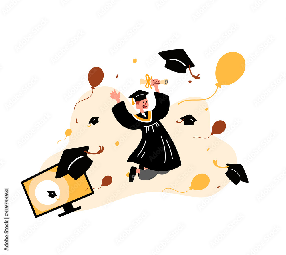 Online virtual graduation ceremony. A bachelor jumping out of screen ...