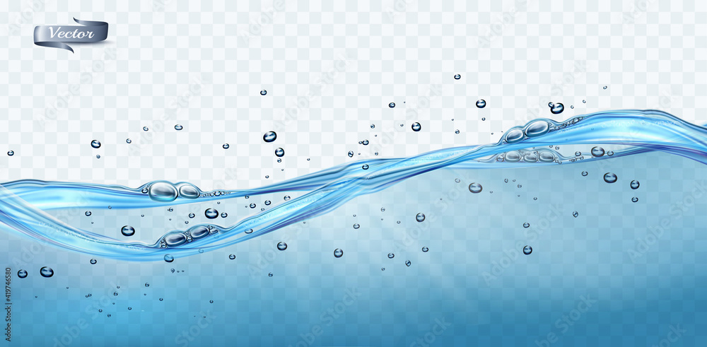 Transparent water waves with air bubbles and sunbeams on transparent ...