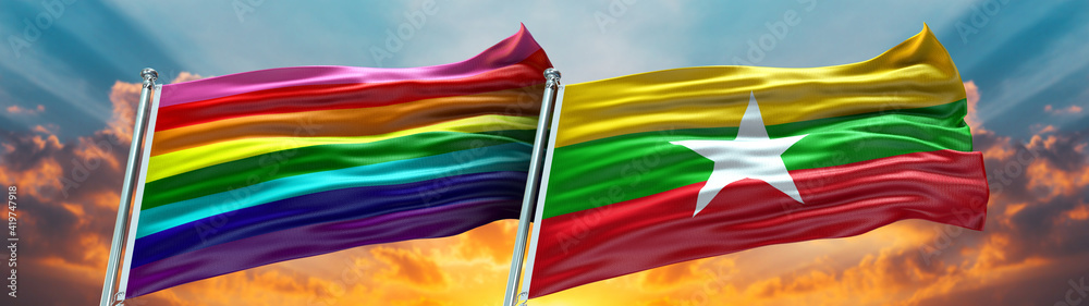 Myanmar Flag and Rainbow Flag waving with texture Blue sky could and ...