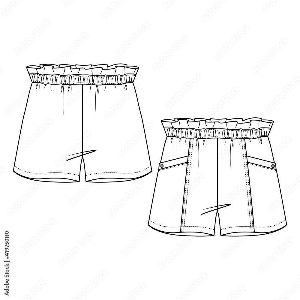 Girls Woven Shorts with front pockets fashion flat sketch template ...