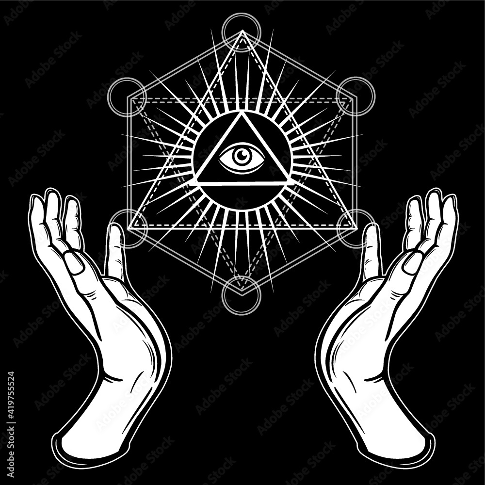 Human hands hold the shining triangle, a providence eye. Sacred ...