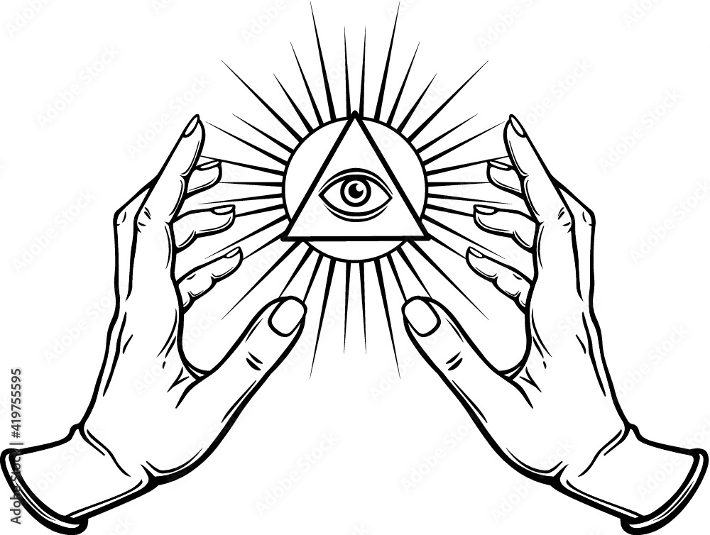 Human hands hold the shining triangle a symbol of eyes. Coloring book ...
