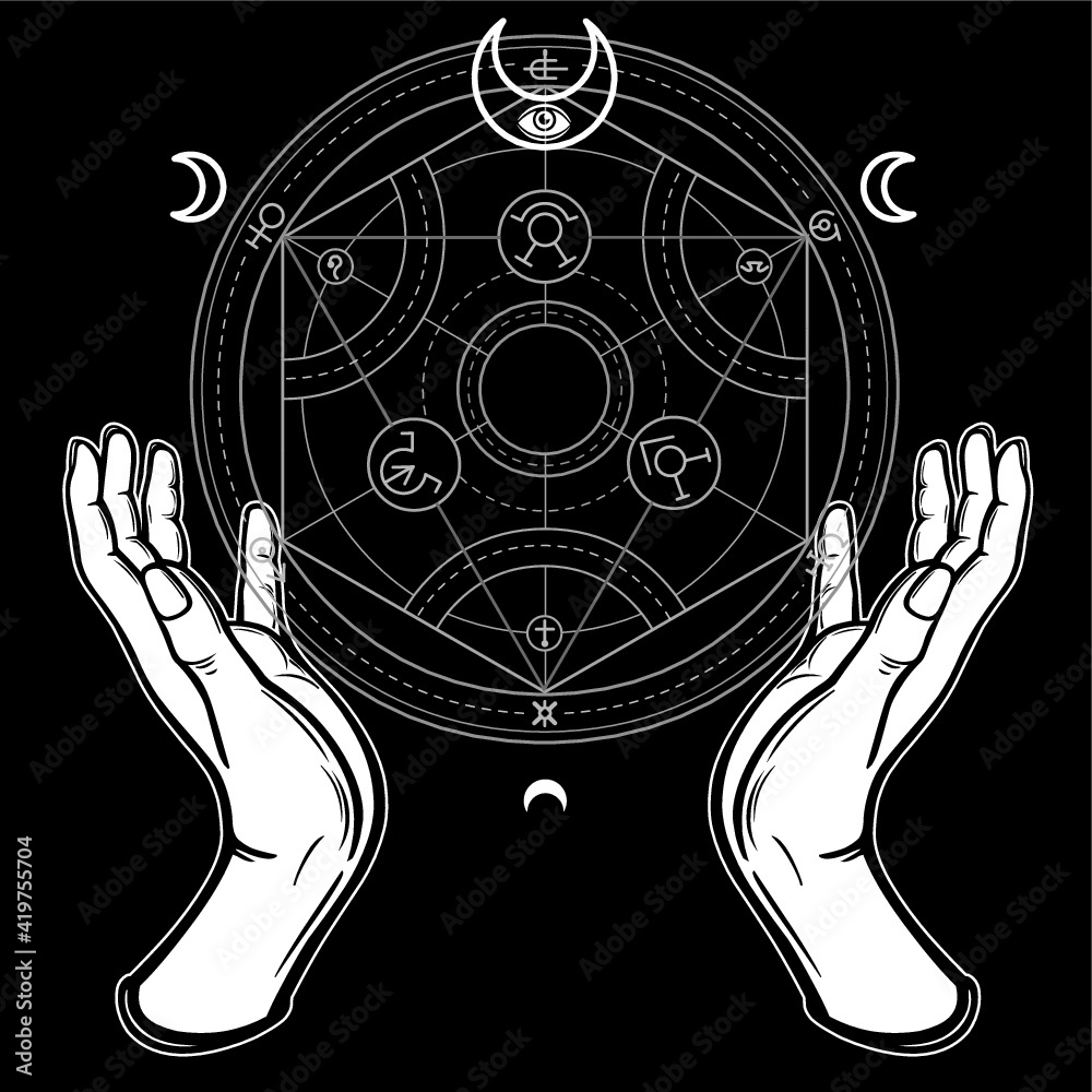 Human hands touch an alchemical circle. Mystical symbols, sacred ...