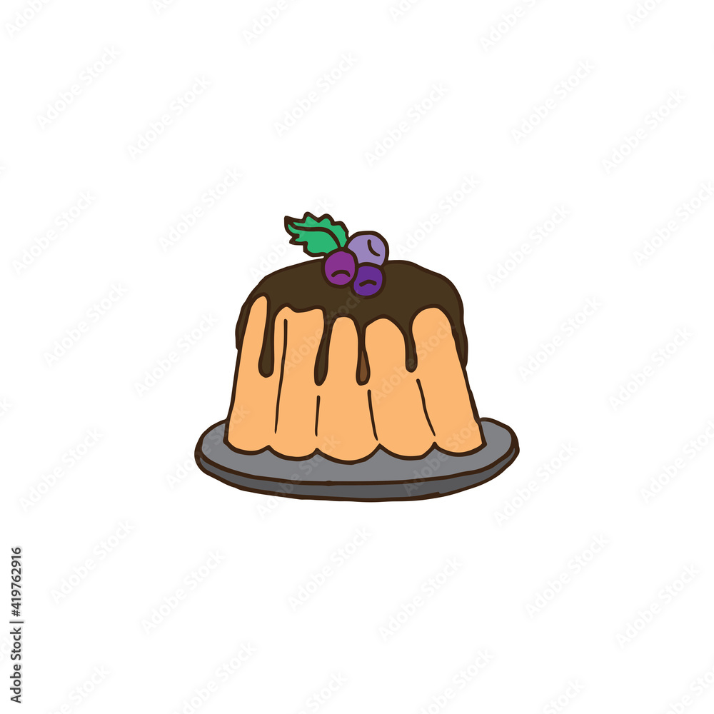 jelly pudding with chocolate syrup topping and blueberry on the plate ...