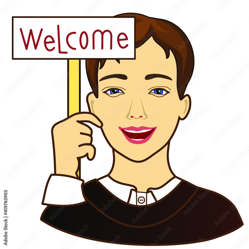 cheerful man holding a banner with welcome text, simplistic facial ...