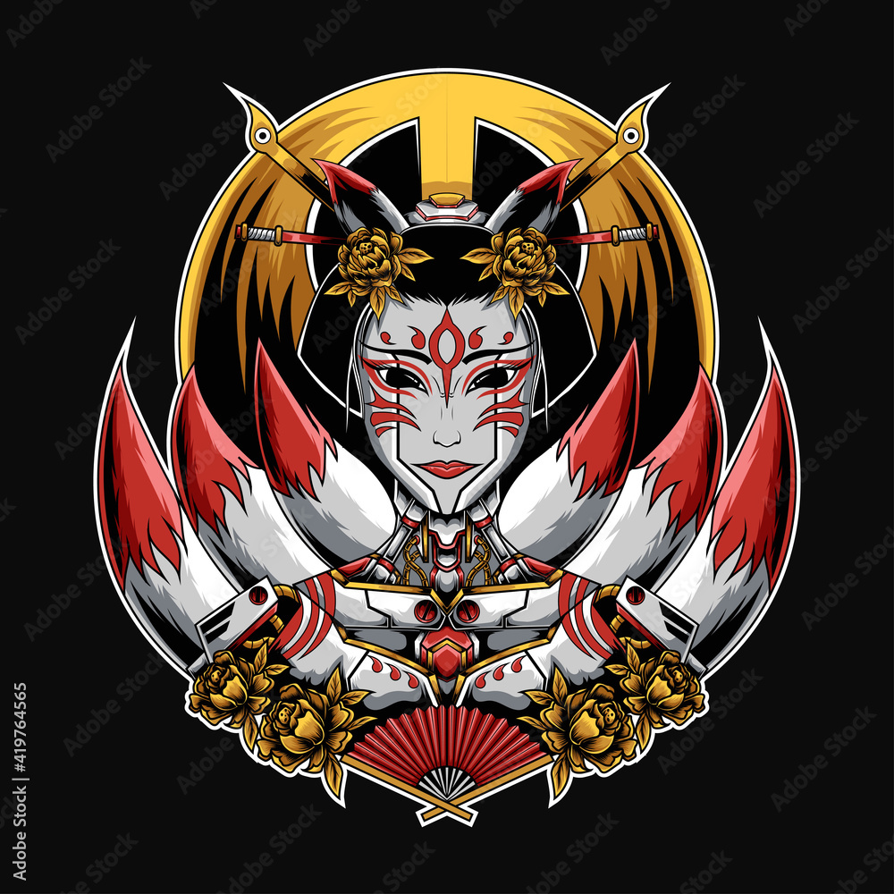 Japanese Geisha Kitsune Mecha Illustration perfect for t-shirt design ...