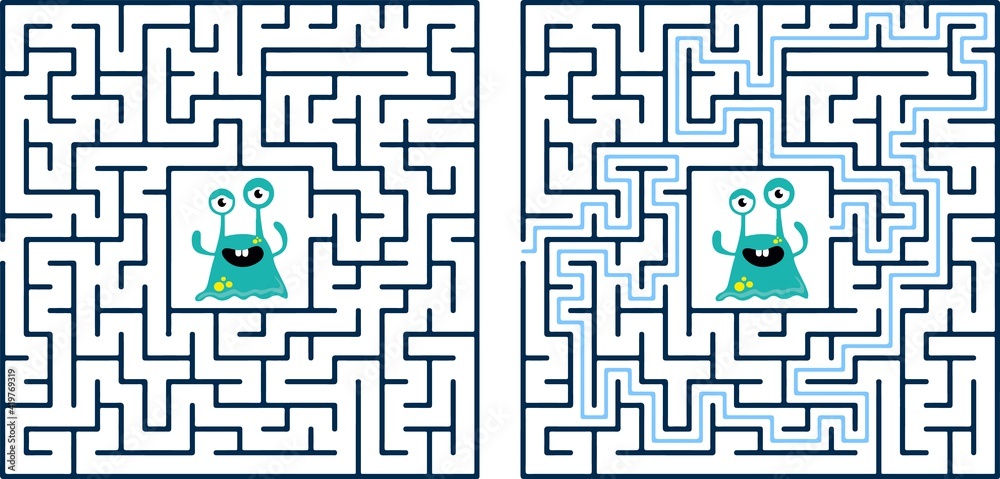 Circular maze with way from center to exit on turquoise blue background ...