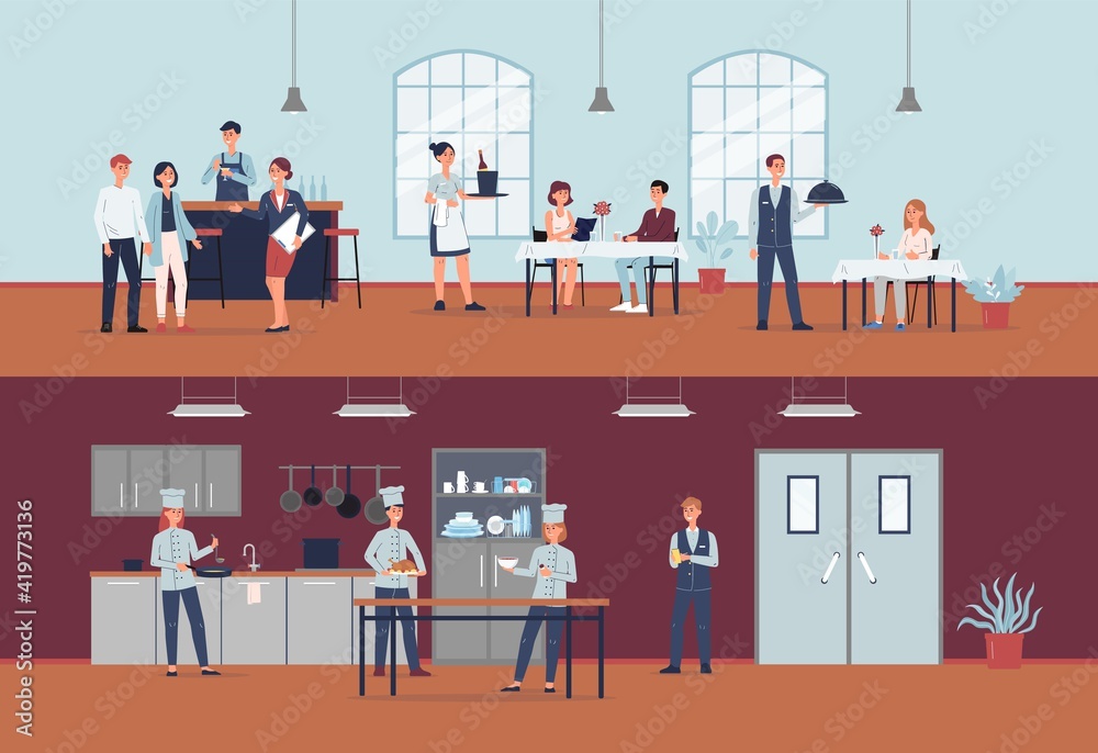 Restaurant kitchen and hall with cooks and waiters, flat vector ...