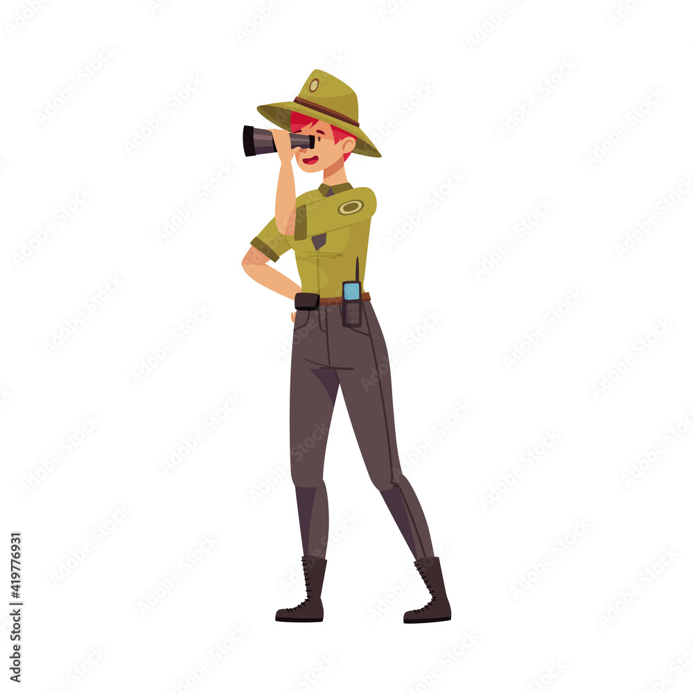 Female as Park Ranger in Khaki Hat and Shirt Watching in Binocular ...