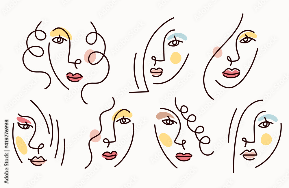 Girl Face Simply Line Drawing Set Stock Vector | Adobe Stock