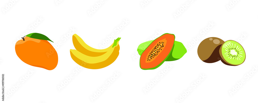 mango, banana, papaya, and kiwi. tropical fruits illustration ...