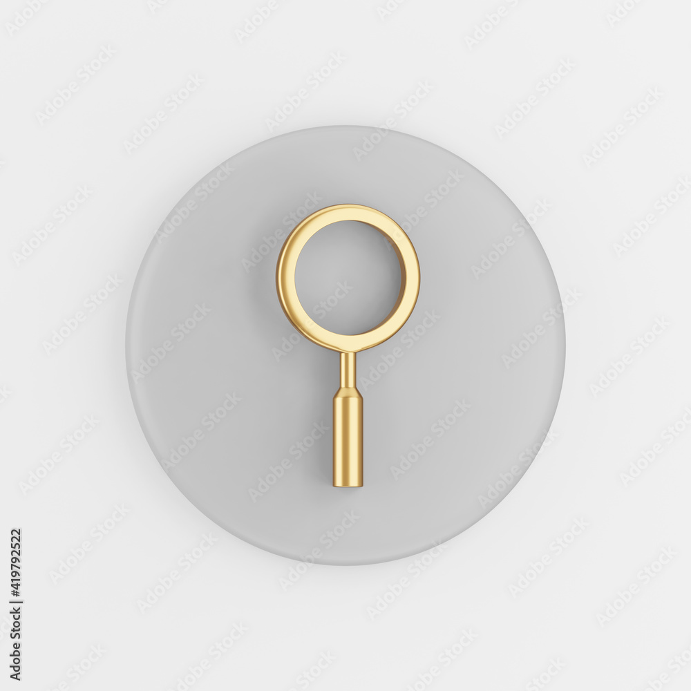 Golden magnifier icon in cartoon style. 3d rendering gray round button key, interface ui ux ...