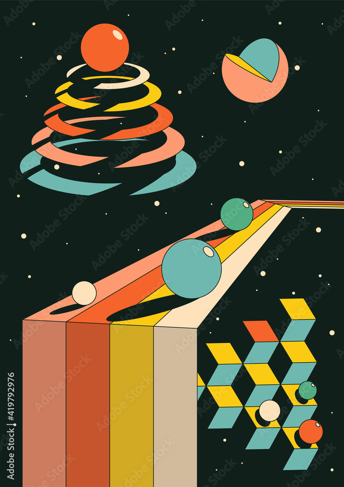 Abstract Psychedelic Space Background, Vintage Colors and 3D Shapes ...