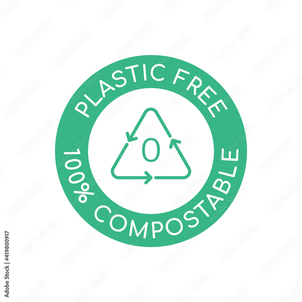 Plastic free 100% compostable icon. Recycle triangle and number zero in ...