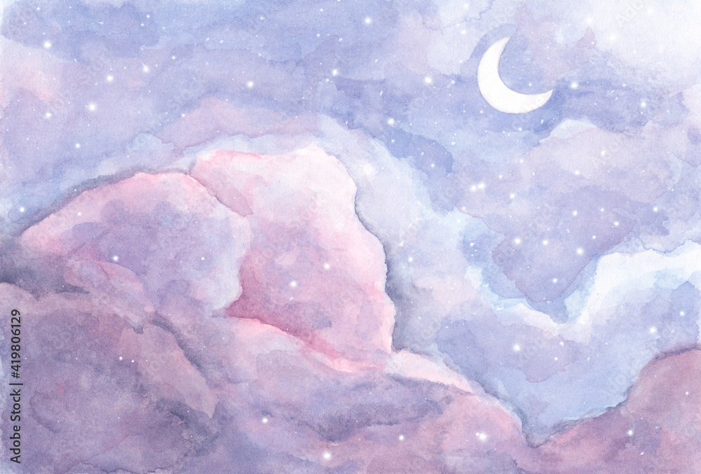 Watercolor painting of Moon and clouds background with soft pastel ... Watercolor painting of Moon and clouds background with soft pastel ...