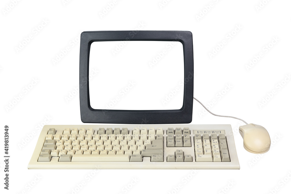 Old computer from the 1990s with a white screen for adding videos and ...