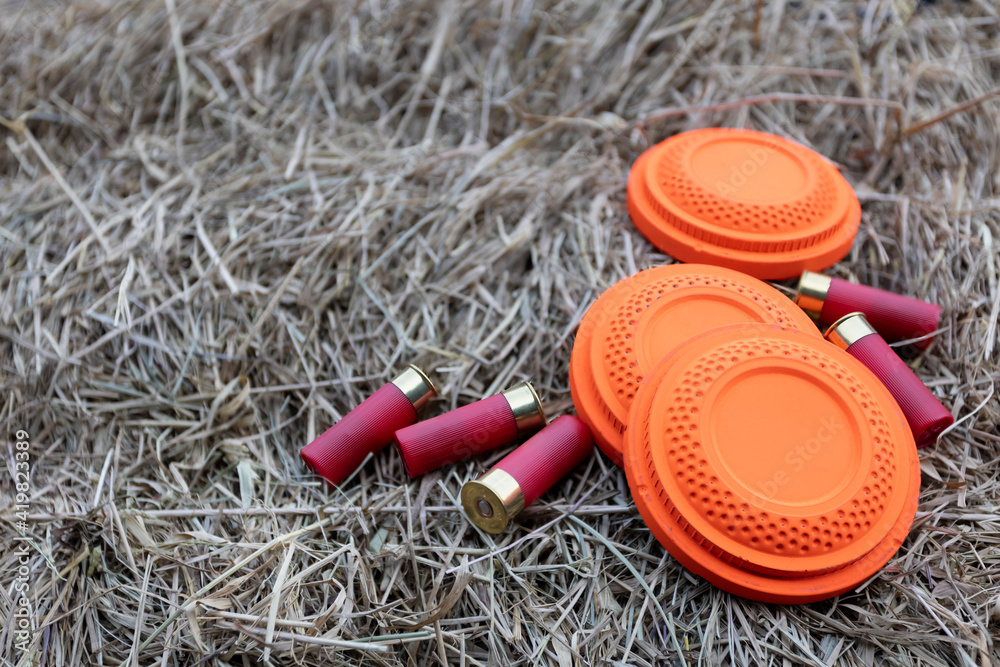 Clay disc flying targets and shotgun shells on straw background ,Clay ...