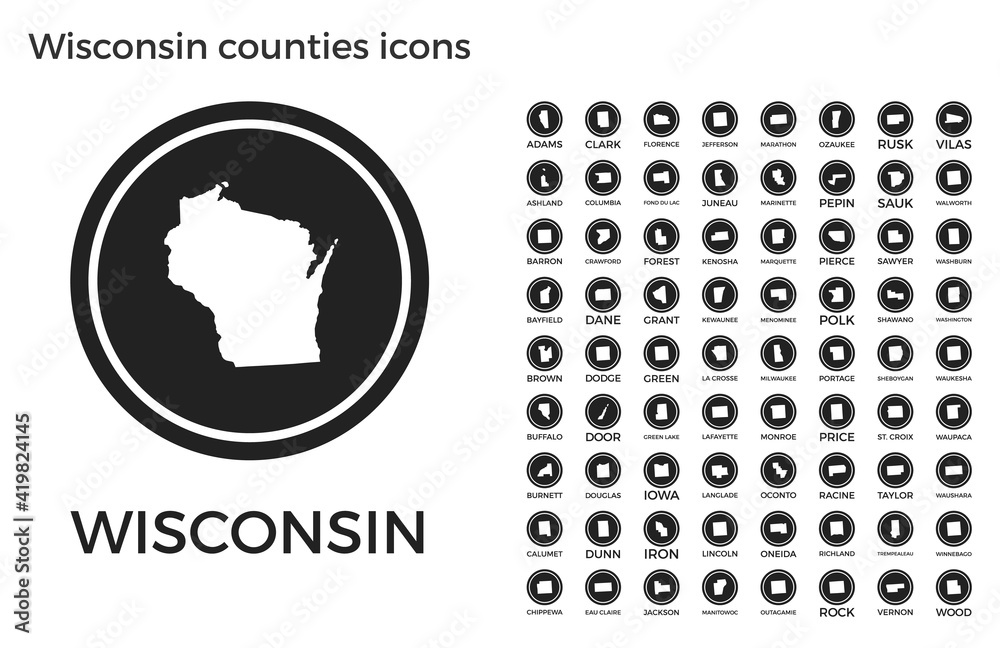Wisconsin counties icons. Black round logos with us state counties maps ...