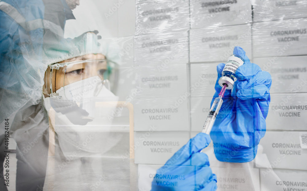 Delivering coronavirus Covid-19 vaccine concept. Double exposure image ...