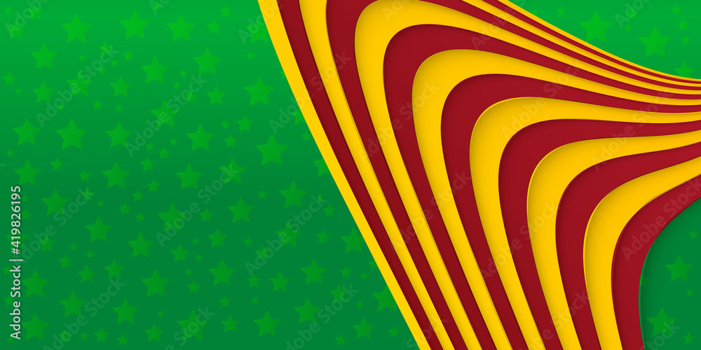 Abstract green stars background with red yellow wave frame ribbons ...