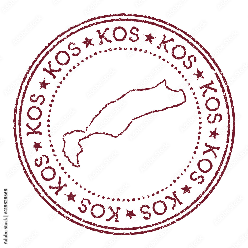 Kos round rubber stamp with island map. Vintage red passport stamp with ...