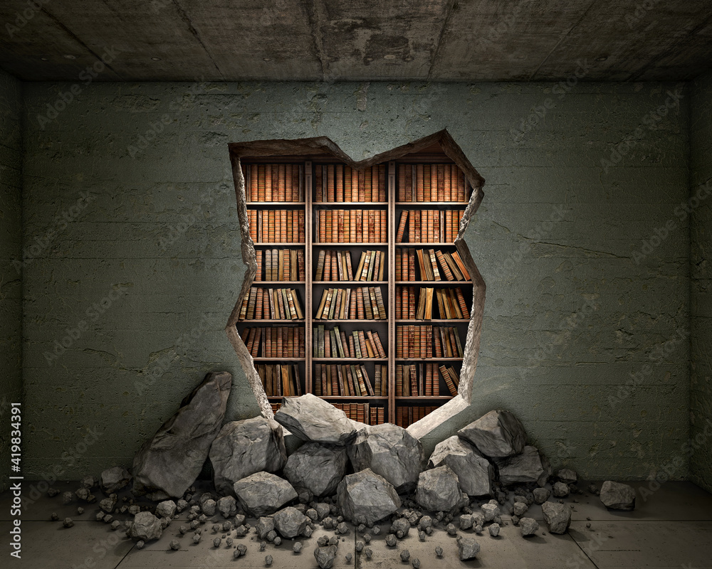 Foto de Concept of a hole in destroyed concrete wall and books behind ...