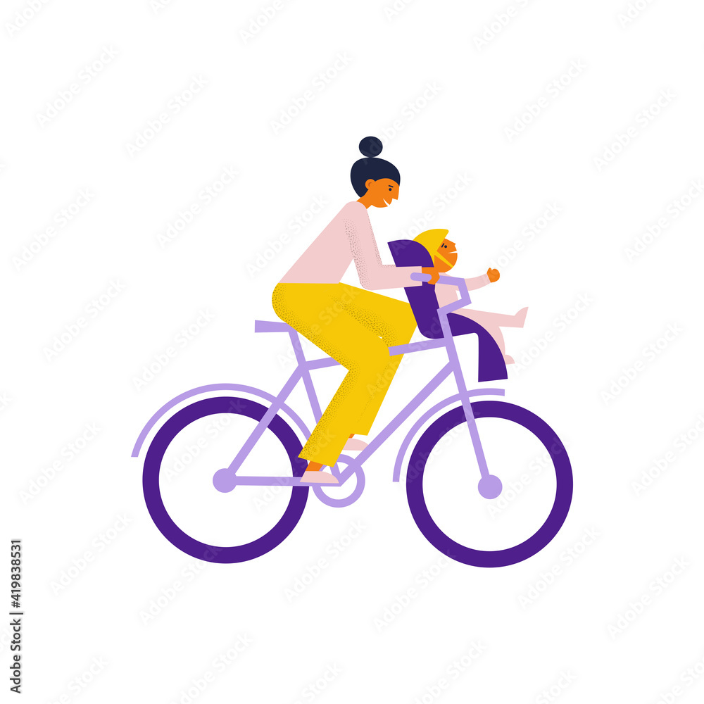 Mother rides bike with her child who sits in child sit in front of her ...