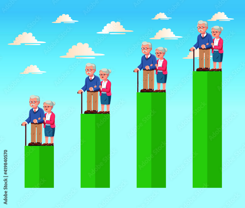 Elderly senior couple aging population and statistic chart vector ...
