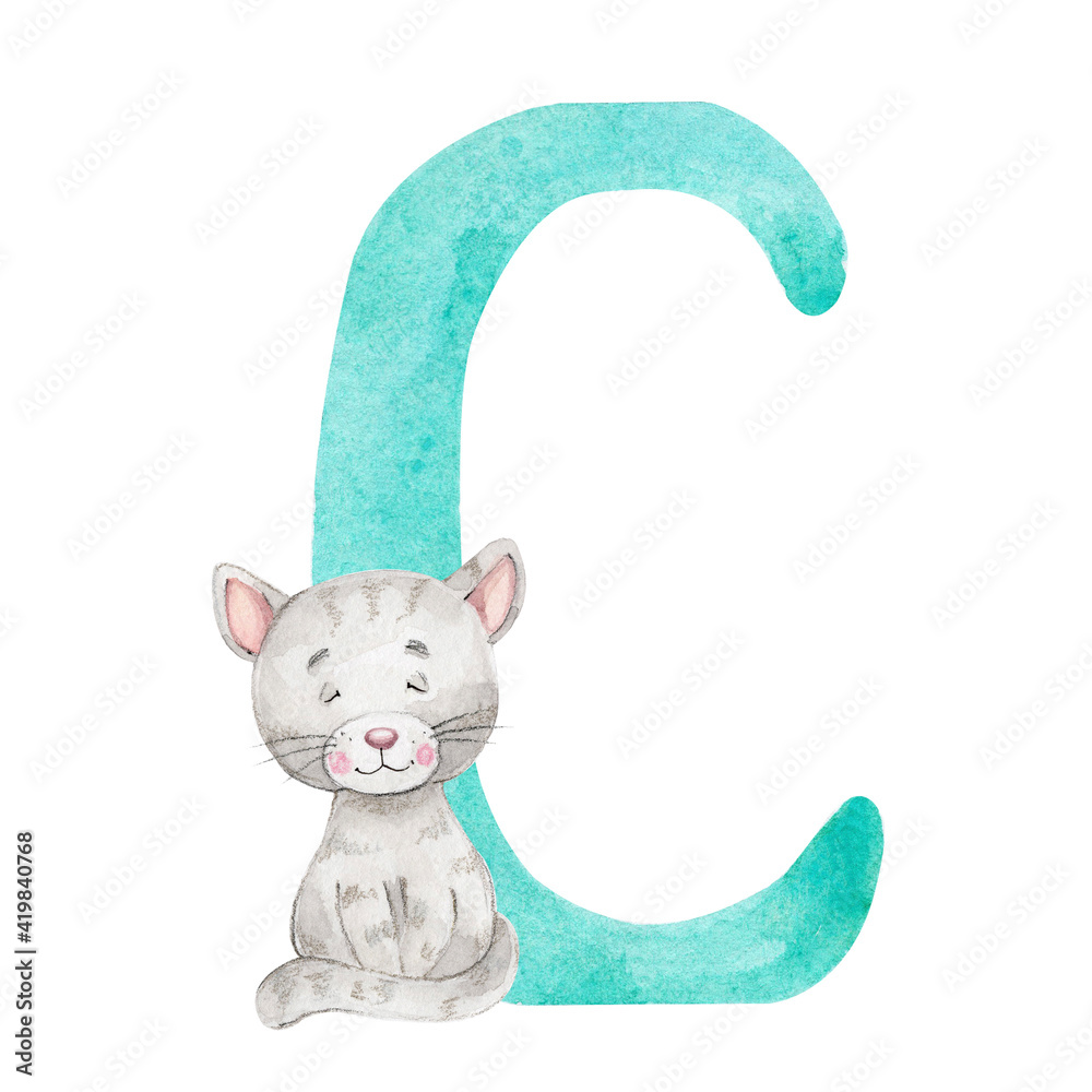 Cute cartoon cat and blue letter "C"; watercolor hand drawn ...