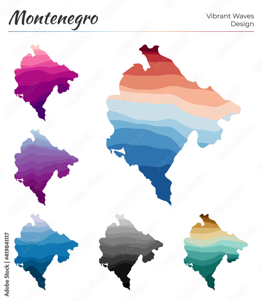 Set of vector maps of Montenegro. Vibrant waves design. Bright map of ...