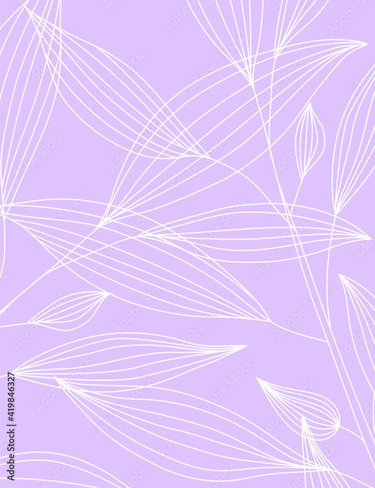 Vertical template with large violet outline leaves in line art on a ...
