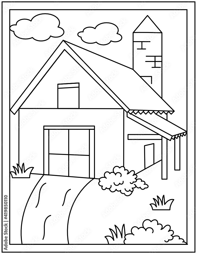 Farmhouse coloring page in hand drawn vector design Stock Vector ...