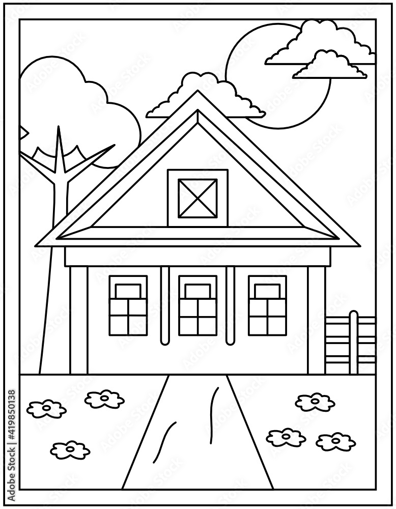 Farmhouse coloring page in hand drawn vector design Stock Vector ...