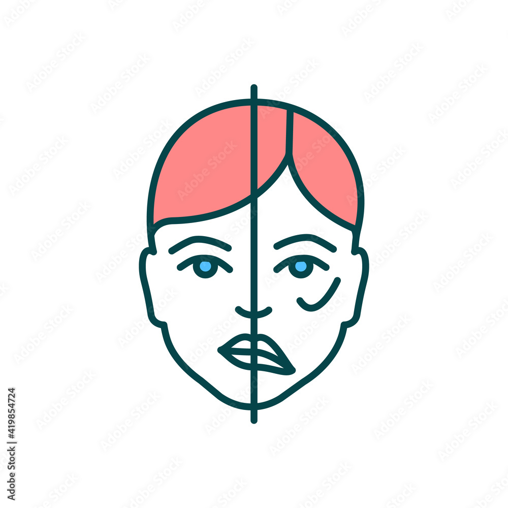 Face paralysis RGB color icon. Brain tumor sign. Muscles moving ...