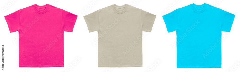 Blank T Shirt color heliconia, sand, sky blue template on white ...