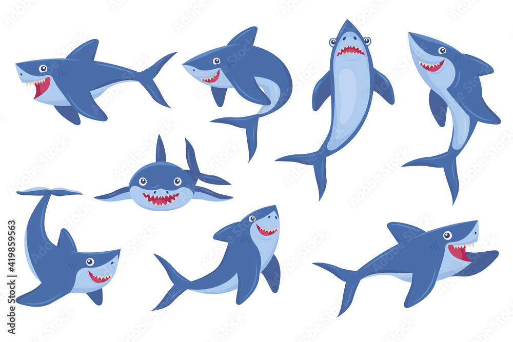 Cute smiling shark flat pictures collection. Cartoon comic predator ...