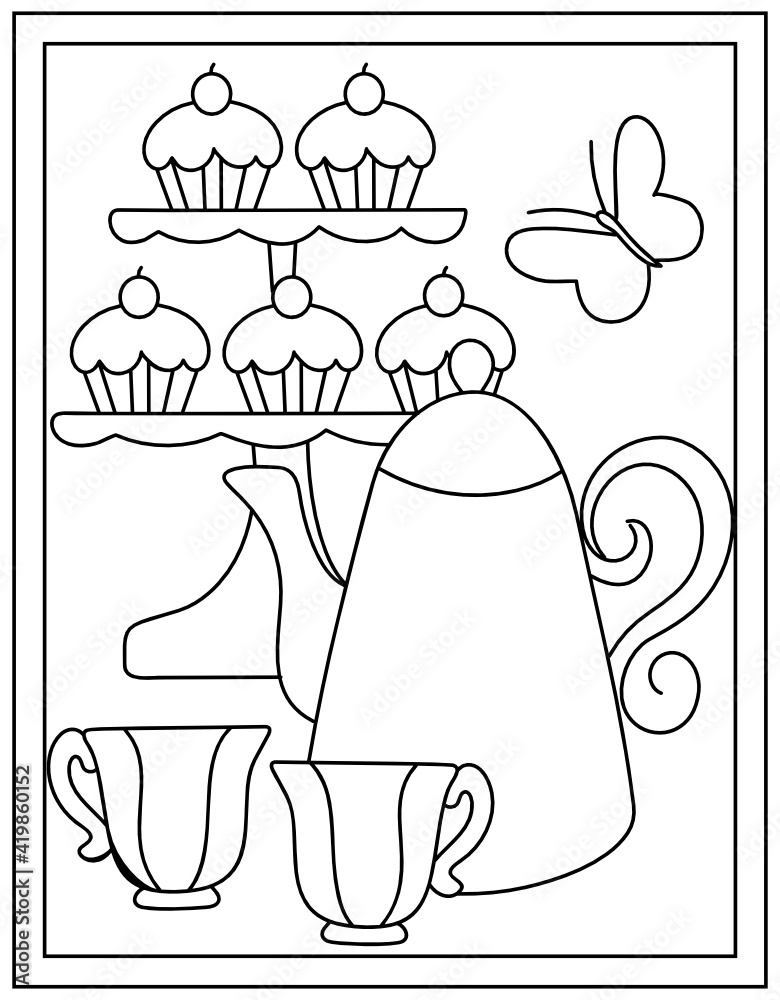 High tea colouring page vector download Stock Vector | Adobe Stock