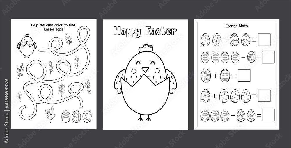 Easter Worksheets set with cute chick and eggs. Black and white spring ...