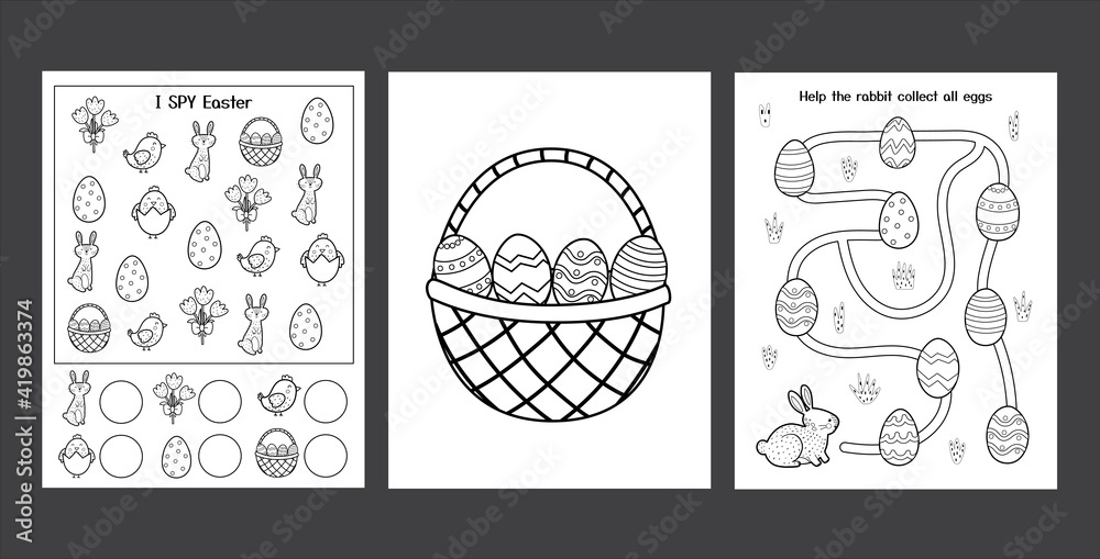 Easter Worksheets set with cute bunny. Black and white spring activity ...