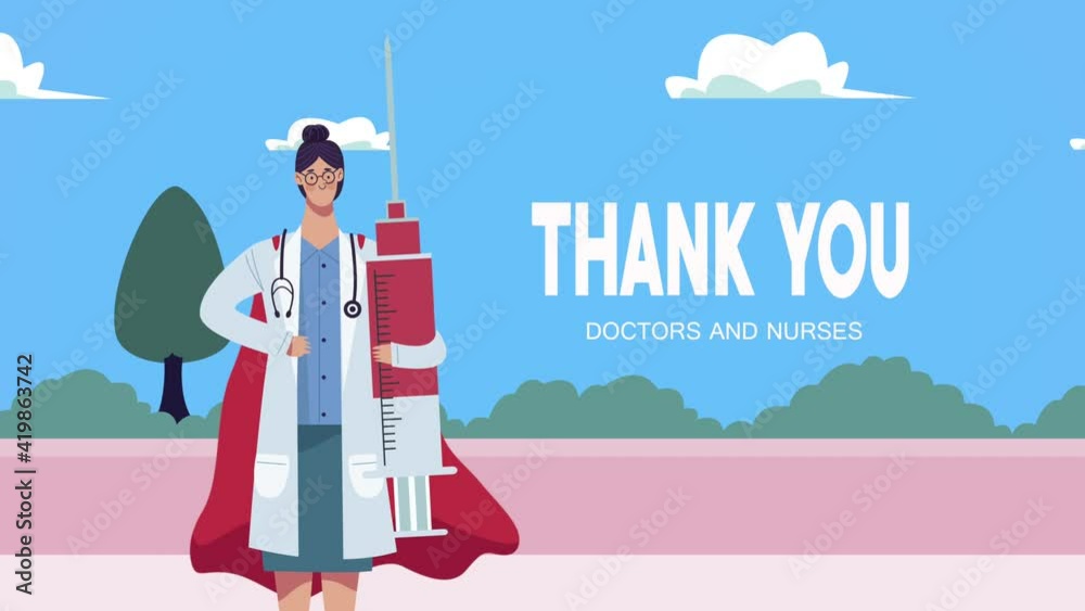 thank you doctors and nurses lettering with hero female doctor and ...