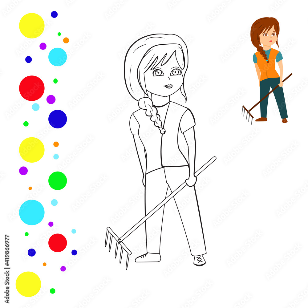Coloring and colored image of standing janitor. Coloring page smilling ...