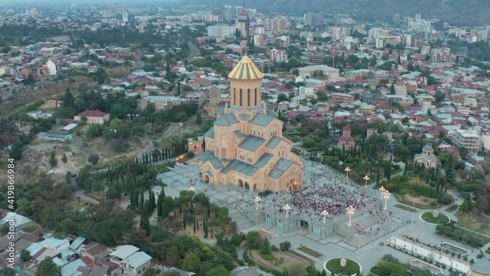 Rotating aerial view of Holy Trinity Cathedral of Tbilisi, Georgia ...