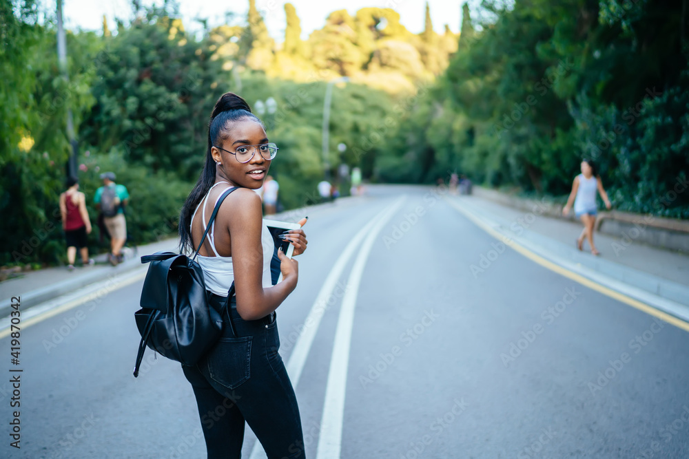 Half length portrait of millennial female tourist with modern touch pad ...