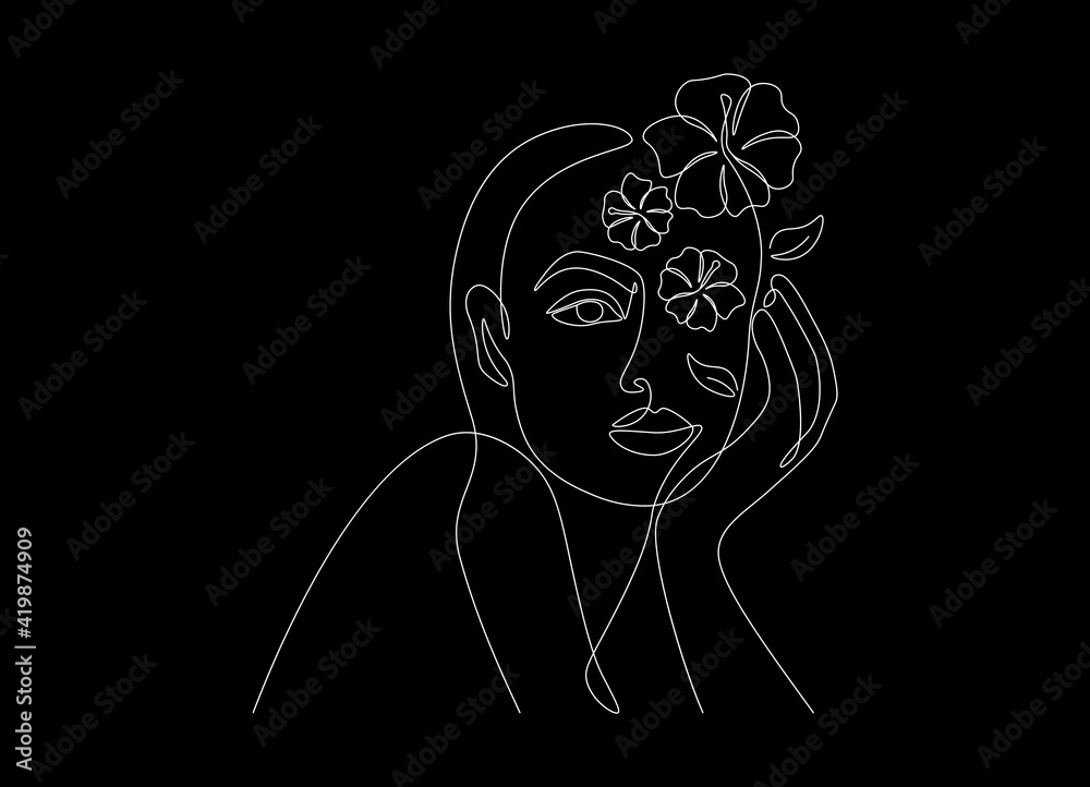 Abstract line woman portrait. Modern one line female face with flowers ...