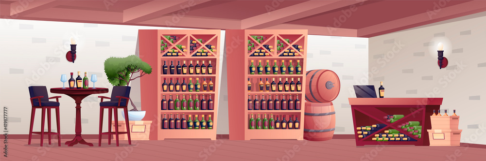 Alcohol shop interioir design background. Wine store with bar table for ...