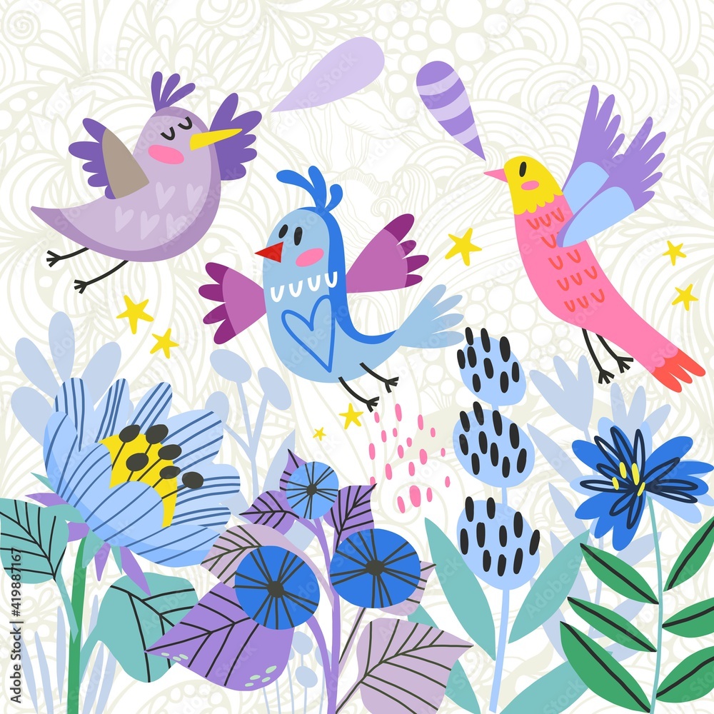Awesome Blossom Spring Field with Happy Birds. Bright floral card ...