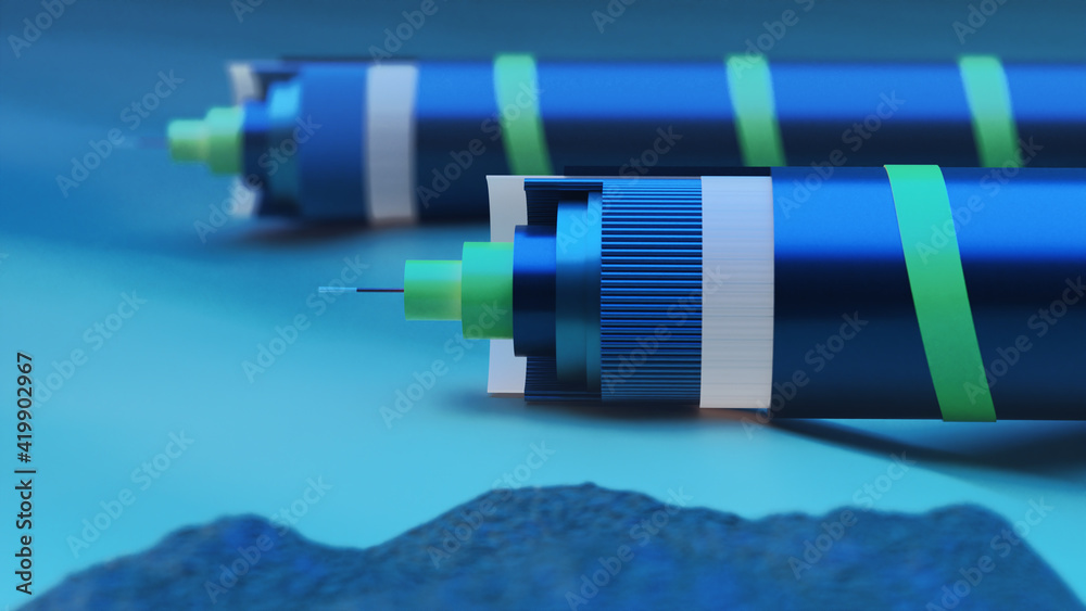 Submarine cable, power cable high voltage in the seabed. 3d render ...